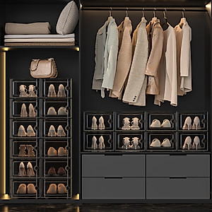 Kuject X-Large Shoe Storage Boxes Organizers Clear Plastic Stackable 9 Pack, Shoe Rack & Holder Substitute, Sneaker Containers, Toy Storage Organizer Bins for Entryway, Closet, Under Bed, Black