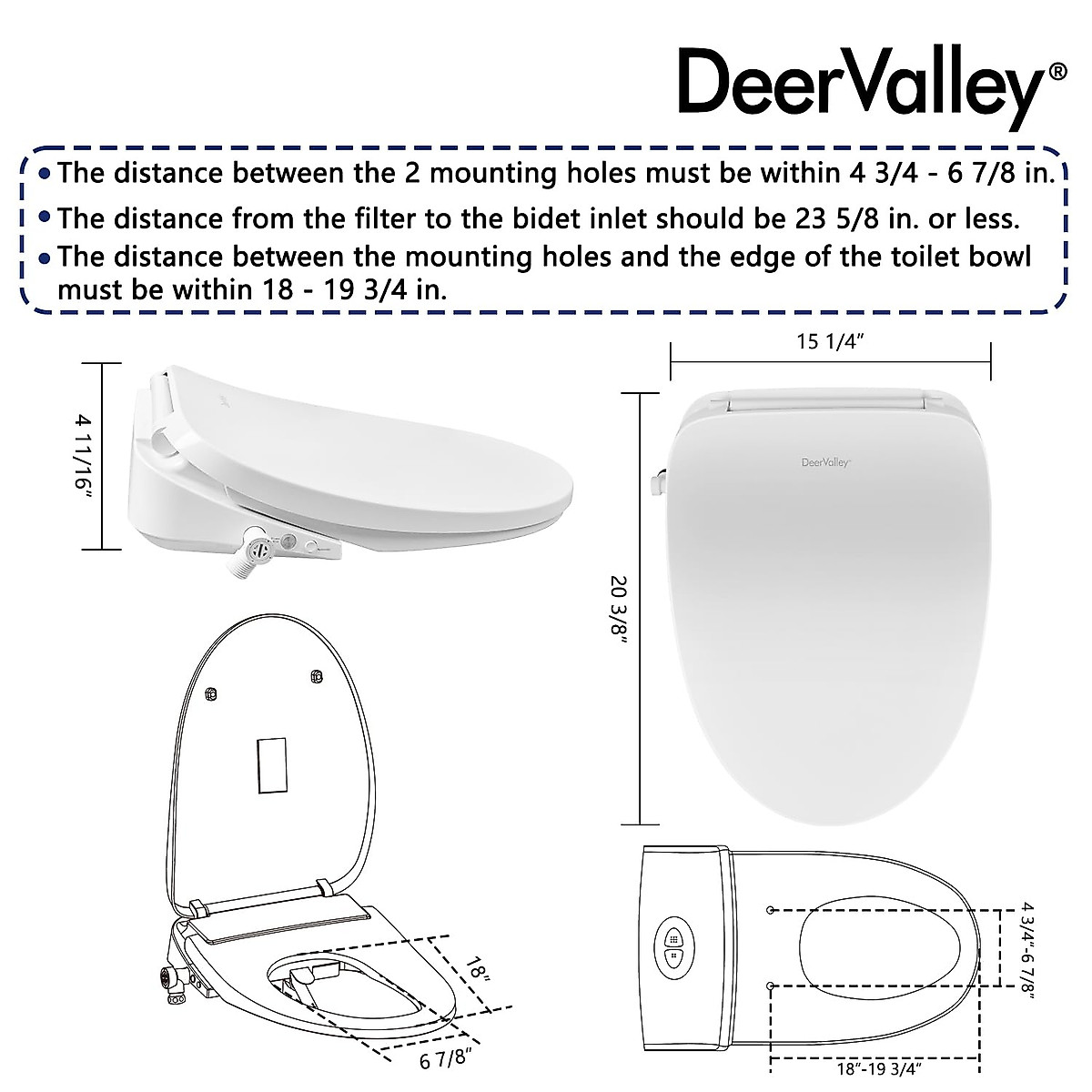Bidet Seats, DeerValley DV-1S0018A Electronic Bidet Toilet Seat, Smart Toilet Seat with Sensor Seat Heating, Warm Air Dryer, Nightlight, Multiple Wash Methods, Self-Cleaning Nozzle, White