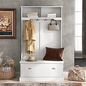 Prohon 71.9'' H Hall Tree with 4 Hooks, Top Shelves and 2-Drawer Storage Bench, 3-in-1 Wood Entryway Coat Rack Multifunctional Halltree for Hallway, Bedroom, White