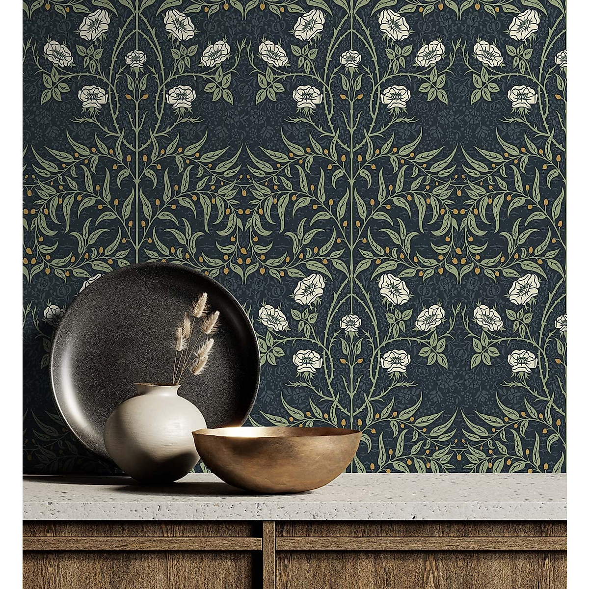 NextWall Stenciled Floral Peel and Stick Wallpaper (Navy & Sage)