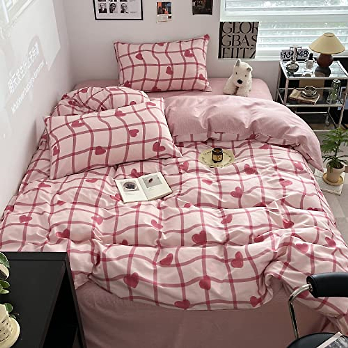 LIWHENHAO Hearts Duvet Cover Set Queen 100% Cotton Bedding Red Heart on Pink Check Plaid 1 Romantic Geometric Comforter Cover Full Zipper Closure 2 Pillowcases for Kids Girls Boys Woman