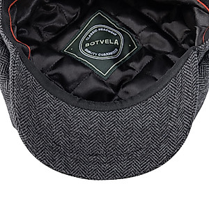 BOTVELA Men's 8 Panel Wool Blend Newsboy Flat Cap Herringbone Tweed Hat (Black, 7 3/8)