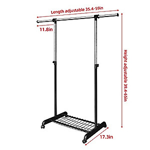 LiaMeE Free Standing Clothing Rack on Wheels, Adjustable Garment Rack & Organizer, Extendable Rolling Clothes Rack with Shelf & Grid, Easy Assembly Standard Rod for Hanging Clothes, Black & Chrome