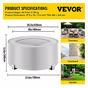 VEVOR Smokeless Fire Pit, Stainless Steel Stove Bonfire, Large 28.5 inch Diameter Wood Burning Fire Pit, Outdoor Stove Bonfire Fire Pit, Portable Smokeless Fire Bowl for Picnic Camping Backyard