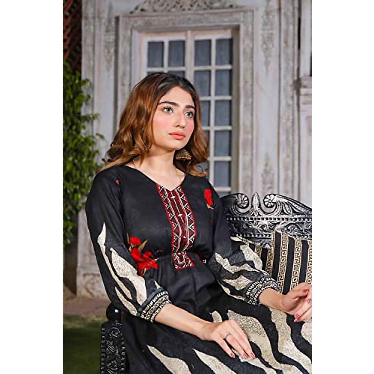 IshDeena Cotton Kurtis for Women: Festive, Indian Style, Plus Size Printed Calf-Length Kurti - Good for Travel & Gatherings (X-Large/Black)