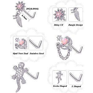 Tornito 12Pcs Dangle Nose Rings Stud L Shaped Nose Studs Flower Heart Arrow Feather Snake Gecko Snowflake Wing CZ Dangling Nose Piercing Jewelry for Women Men Silver Tone