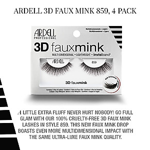 Ardell False Eyelashes 3D Faux Mink Lashes 859 - Lightweight Reusable Strip Lashes with Invisiband, Ultra-Fluffy Volume for a Natural Glam Look, 4 Pairs