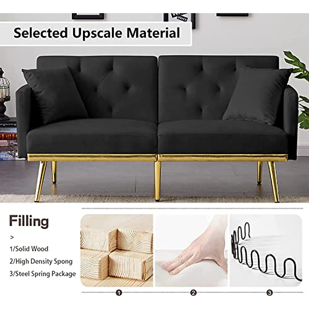 60"Convertible Folding Futon Sofa Bed with 2 Pillows and Armrest,Modern Velvet Sleeper Couch Bed with 3 Adjustable Backrests,Recliner Loveseat for Small Space,Living Room Bedroom Apartment (Black)