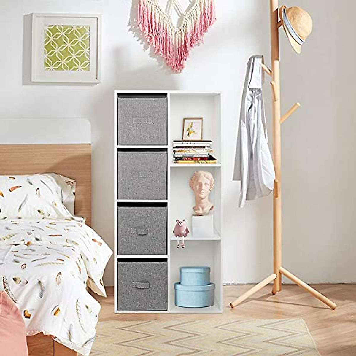 7 Cube Storage Organizer, Drawers and Cubes Shelves with 3 Open Cubes Bookcase and 4 Bins Drawers Storage Bookshelf Display for Bedroom Living Room Home Office, White