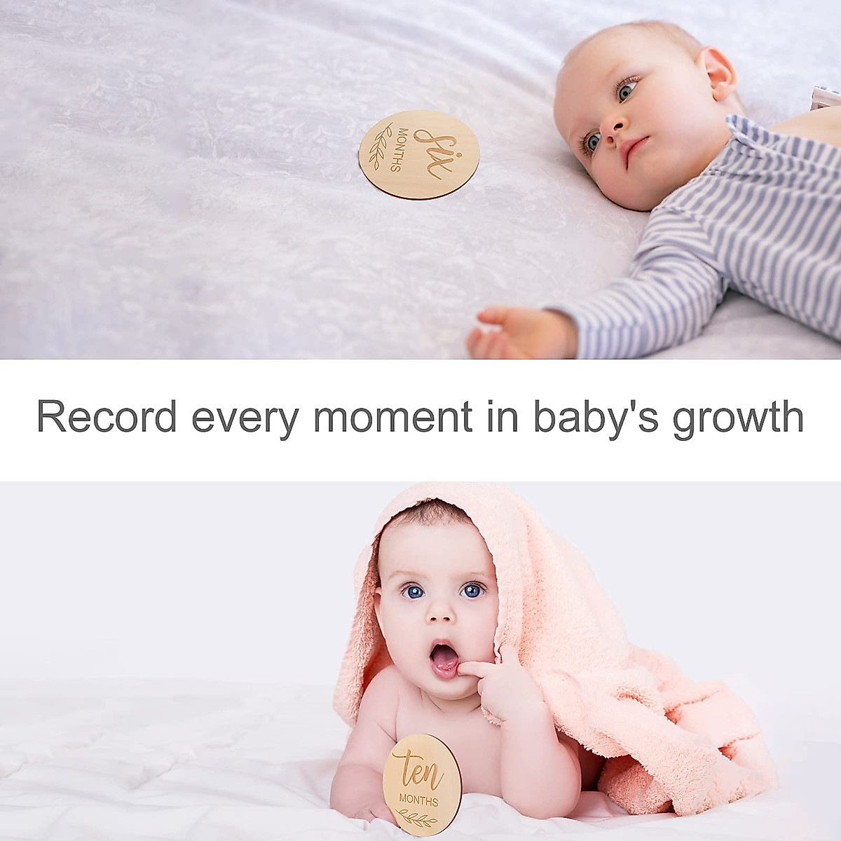 TOYANDONA 14pcs Wooden Baby Monthly Milestone Cards, Double Sided Baby Milestone Discs for Photo Props Baby Shower