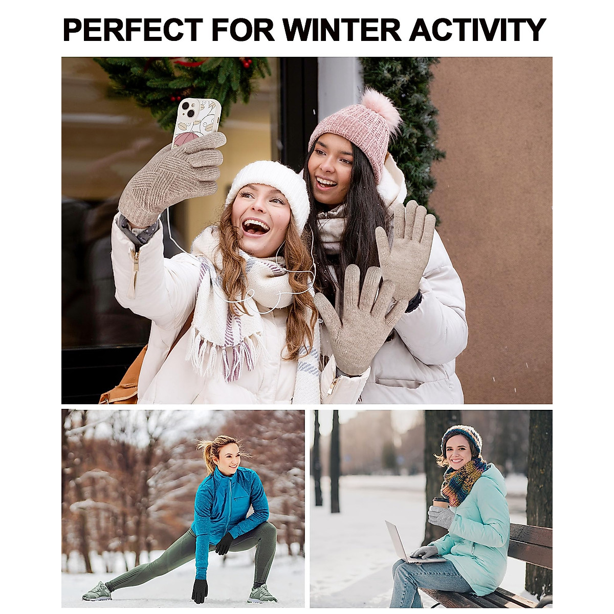 REACH STAR Winter gloves for women, 3-Finger Touch screen Dual-Layer Cashmere Elastic Thermal knit Lining, Warm Gloves for Cold weather,Running,Driving(Black)