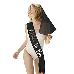 MioCloth Black Bridal Wedding Veil with Comb and Bride to Be Satin Sash, Bachelorette Party Decorations Supplies for Women Gold Letter