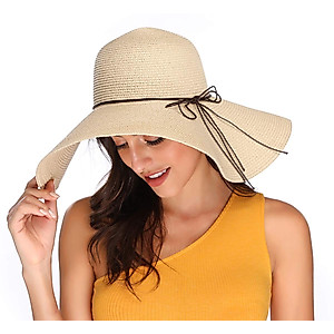 Lanzom Womens Wide Brim Straw Hat Big Floppy Foldable Roll up Cap Beach Sun Hat UPF 50+(String-Beige)