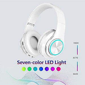 LFGKeng Wireless Bluetooth Headphones with Colorful LED Lights, Built-in Mic, Lightweight, Foldable HiFi Stereo Deep Bass Headphones for Classroom/Home Office/PC/Mobile Phone/Kids Adult (White)
