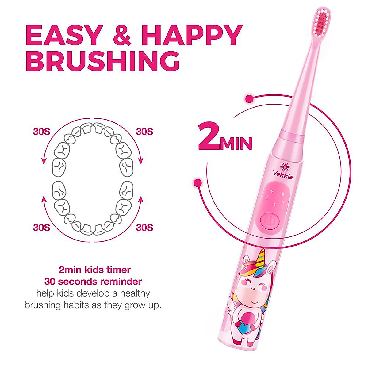 Vekkia Sonic Rechargeable Kids Electric Toothbrush, 3 Modes with Memory, Fun & Easy Cleaning, 24000 Strokes, IPX7 Waterproof, 2-Min Timer for Age 5+, 4 Soft Bristles(Pink)