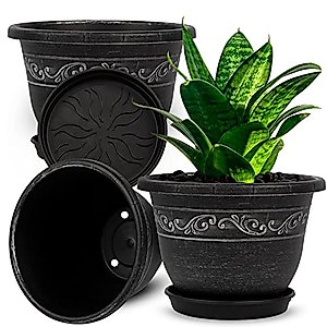 QCQHDU Plant Pots, 3 Packs 8 inch Planters with Drainage Hole Saucer, Plastic Flower Pots for Indoor Plants Retro Decorative for Outdoor Garden Container Sets(Silver-8 inch)