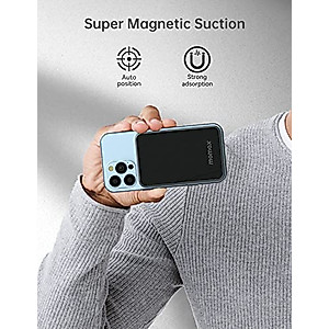 MOMAX Magnetic Wireless Portable Charger, Transparent Battery Pack with Stand, Foldable 5000 mAh Magnetic Wireless Power Bank and USB-C for iPhone 14/13/12 Series, Magnetic Portable Charger for iPhone