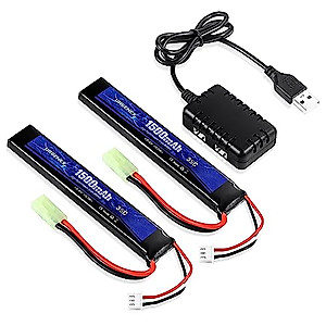 URGENEX Airsoft Battery 7.4V 1500mAh 35C High Discharge Rate Lipo Battery Pack with Mini Tamiya Plug Rechargeable 2S Lipo Battery for Airsoft Model Guns