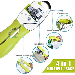 Can Opener, 4 in 1 Manual Can Opener Multifunctional Heavy Duty Handheld Can Openers with Comfy Grip Food-Safe Stainless Steel, Smooth Edge for Elderly with Arthritis