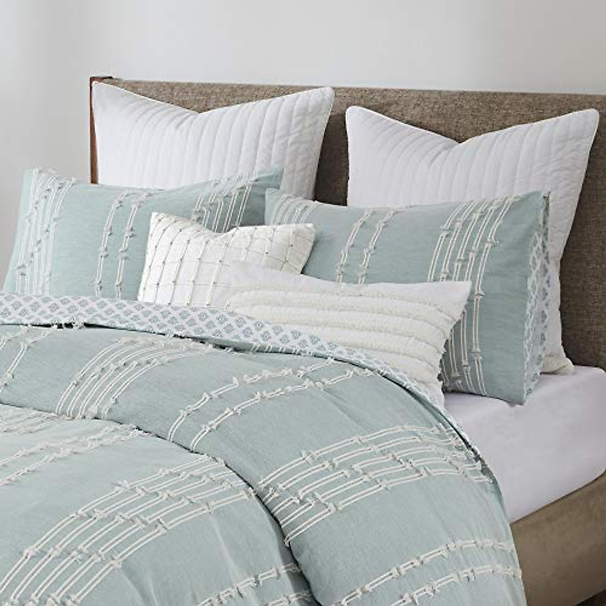 INK+IVY Kara 100% Cotton Duvet Mid Century Modern Design, All Season Comforter Cover Bedding Set, Matching Shams, King/Cal King, Jacquard Stripes Aqua 3 Piece