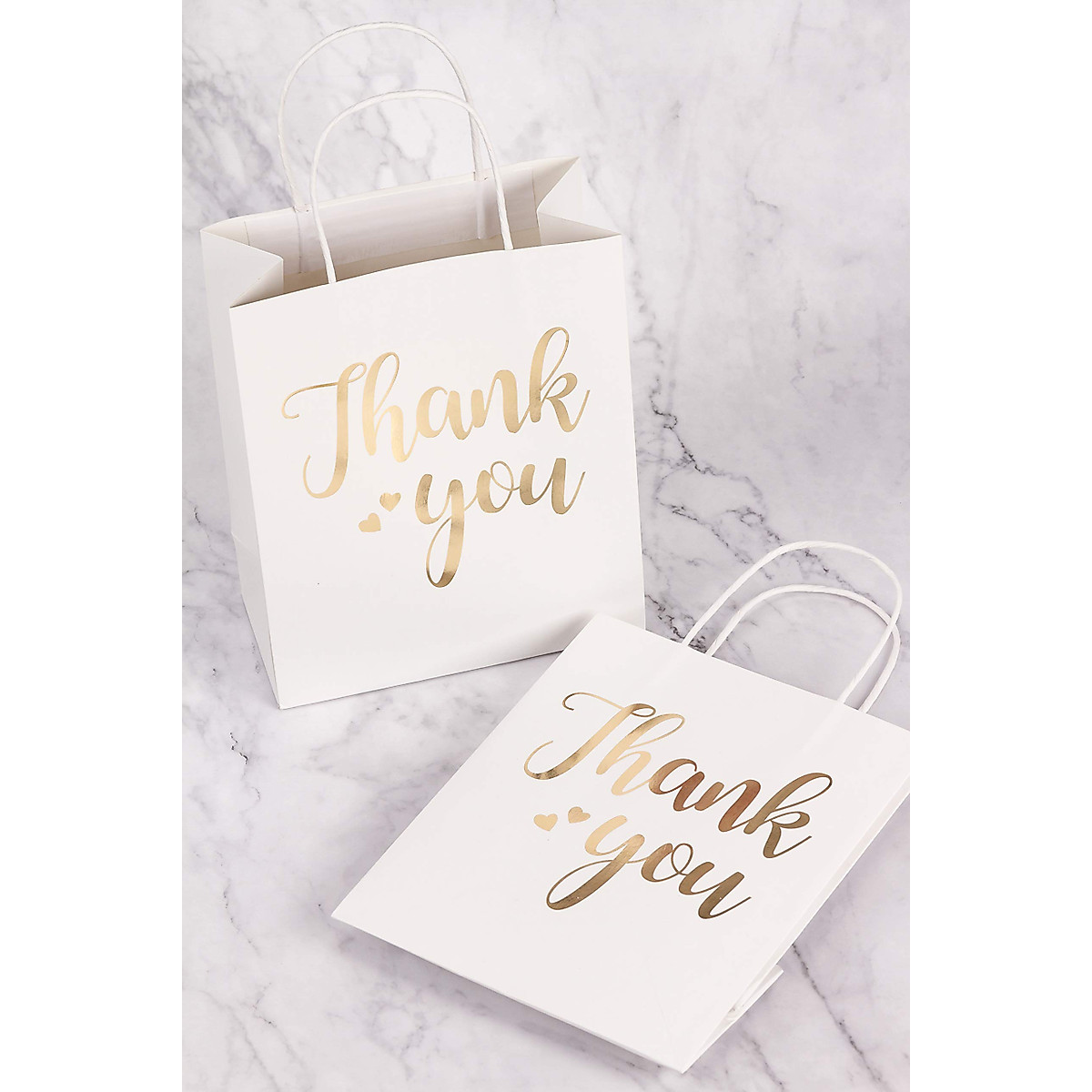 LaRibbons Medium Size Gift Bags - Gold Foil Thank You White Paper Bags with Handles for Wedding, Birthday, Baby Shower, Party Favors - 12 Pack - 8" x 4" x 10"