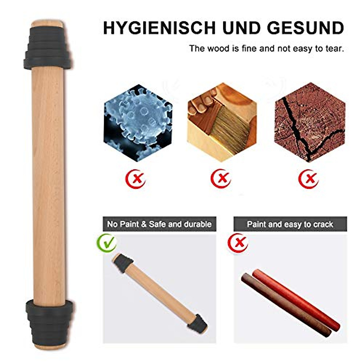 Adjustable Wood Rolling Pin with Thickness Rings for Baking -Non Stick Wooden Dough Roller Pin with Spacer Bands for Cookie,Pie Crust, Pastry Fondant and Bread By Folksy Super Kitchen (15.8, Grey)