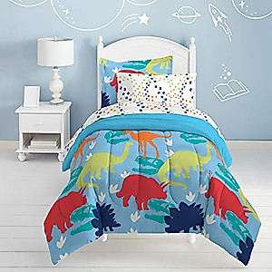 Dream Factory Dinosaur Prints Boys Comforter Set with Sheets, Kids Bedding Bed in a Bag, Multi-Colored, Twin, Blue Red
