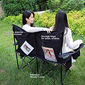 BAYIEIUI Double Camping Chair Portable 2 Person Folding Camp Chair with Storage Cup Holders Supports 440 lbs for Adults Outdoor Black &amp; Grey