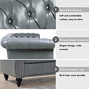 Wlvos 84" Leather Chesterfield Sofas for Living Room, Rolled Arm 3-Seater Large Couch Deep Button Nailhead Tufted Upholstered Couches for Bedroom, Office Apartment Easy to Assemble (Gray)