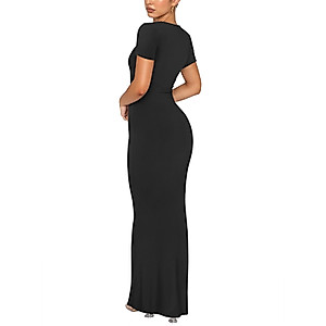 REORIA Women's Summer Sexy Casual Lounge Long Dress Elegant Wedding Guest Short Sleeve Crew Neck Bodycon Maxi Dresses Black Large