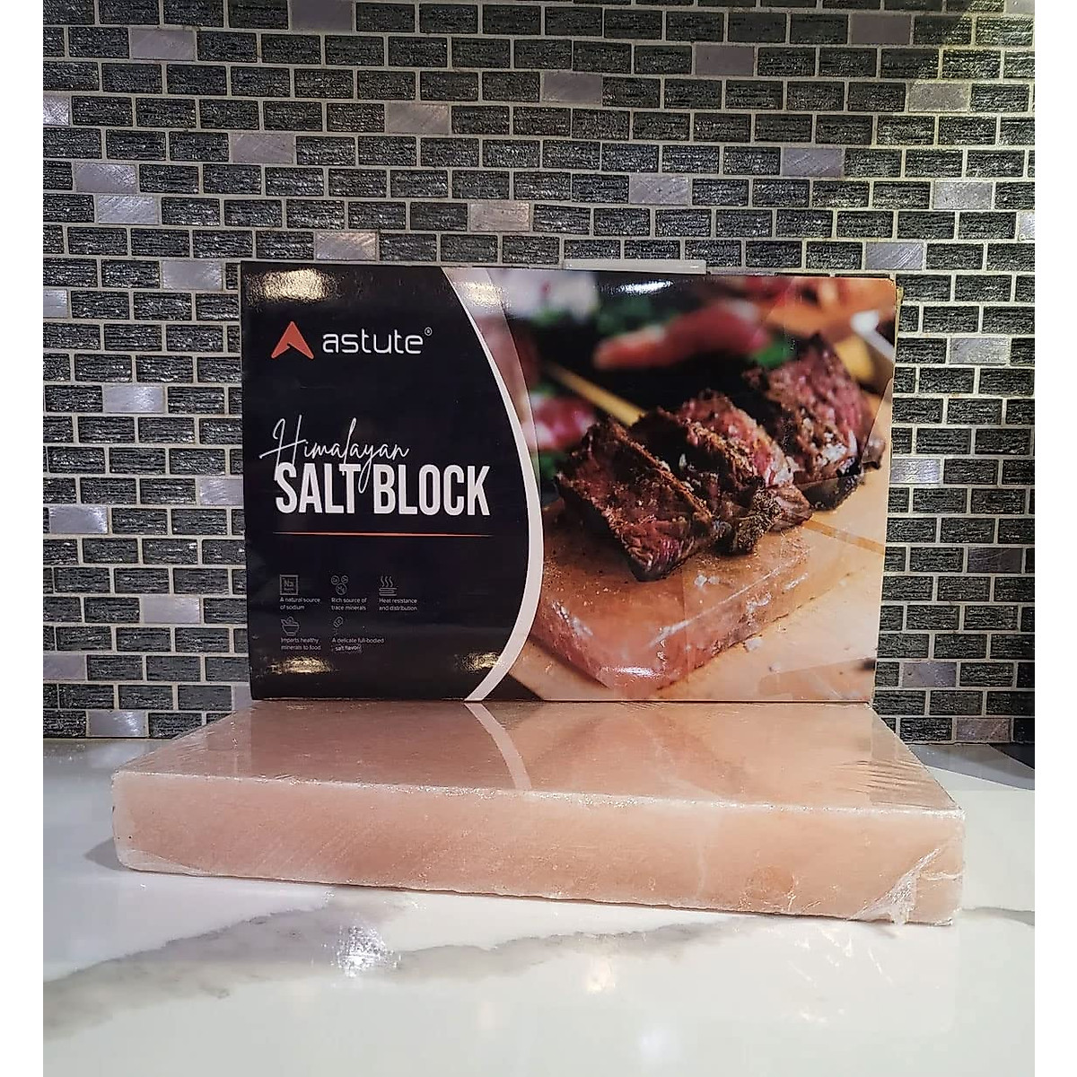 Astute Natural Himalayan Rock Salt Block Cooking Plate (12 X 8 X 1.5) with Holder for Cooking, Grilling, Cutting and Serving, Food Grade Salt