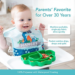 Bumkins Bibs for Girl or Boy, SuperBib Baby and Toddler for 6-24 Months, Essential Must Have for Eating, Feeding, Baby Led Weaning Supplies, Mess Saving, 3-pk Hangry, Dinosaurs, and Blue Tropic