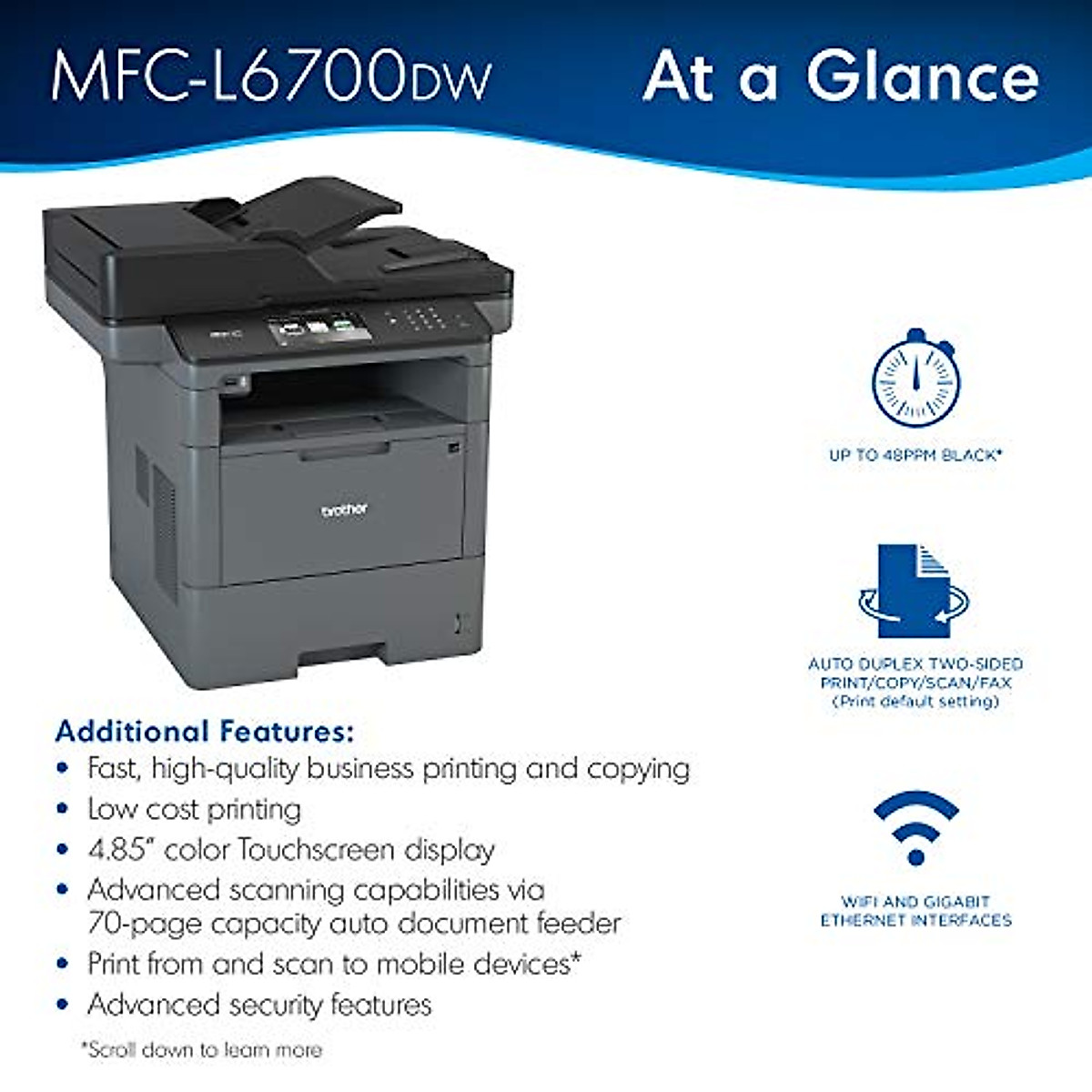 Brother Monochrome Laser Printer, Multifunction Printer, All-in-One Printer, MFC-L6700DW, Advanced Duplex, Wireless Networking Capacity, 70-Page ADF Capacity, Amazon Dash Replenishment Ready