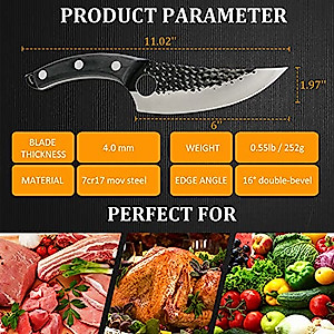 NWESTUN Viking Knife Hand Forged Boning Knife with Sheath & Pocket Knife Sharpener High Carbon Steel Meat Caveman Knife Multipurpose Chef Knives for Camping, Outdoor, Deboning, BBQ