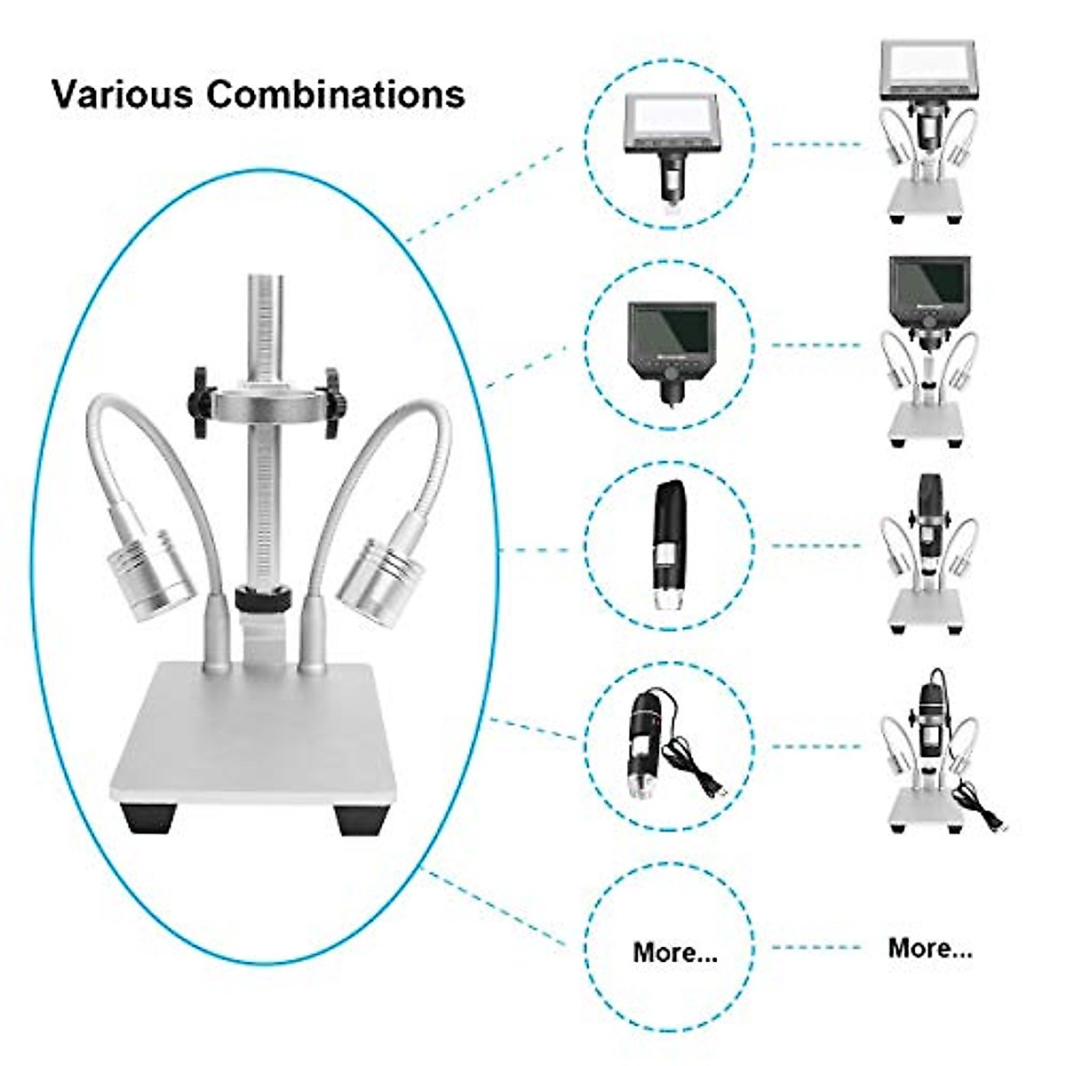 Jiusion Updated with 2 Lamps Aluminum Alloy Universal Adjustable Professional Base Stand Holder Desktop Support Bracket for Max 1.4" in Diameter USB Digital Microscope Endoscope Magnifier Loupe Camera