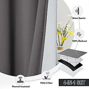 RYB HOME Soundproof & Dust Particle Filtering Curtains Total Blackout Thermal Insulated Window Treatment Air Filter Drapes for Studio Laundry Room Furance, Grey, W52 x L63 inch, 2 Panel