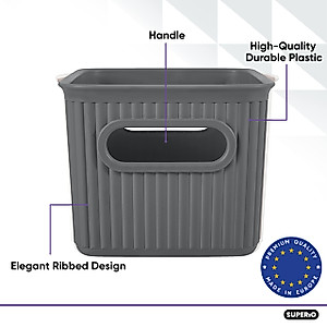 Superio Ribbed Collection - Decorative Plastic Open Home Storage Bins Organizer Baskets, Small Grey (2 Pack) Container Boxes for Organizing Closet Shelves Drawer Shelf 1.5 Liter