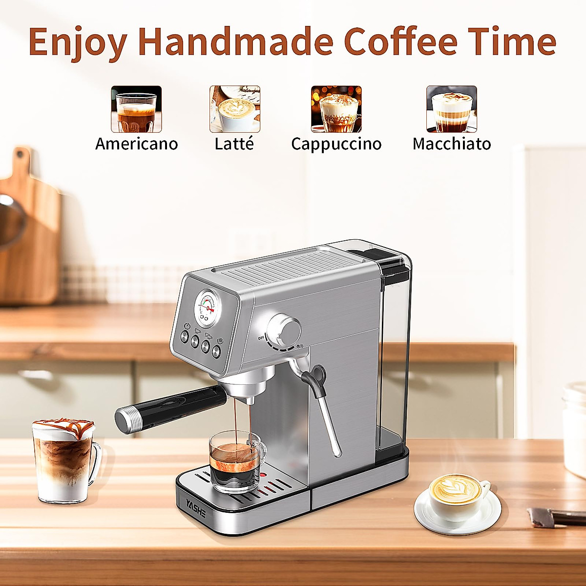 YASHE Espresso Machines, Upgraded 1350W Espresso Maker with Milk Frother Steam Wand and 37.2oz Removable Water Tank, 20 Bar Semi-Automatic Steam Espresso Coffee Maker, Cappuccino Machine for Home