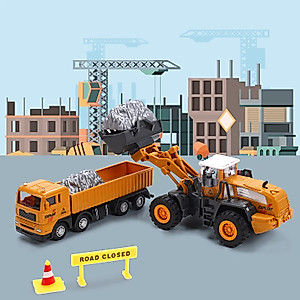 CUTE STONE Construction Vehicles Playset with Playmat, Kids Engineering Truck Set with Crane, Excavator, Tractor with 3 Interchangeable Parts, Cement, Truck, Educational Gift Toy for Toddlers Boys