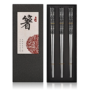 Stainless Steel Chopsticks Reusable Titanium Plated Metal Chopsticks Premium Japanese Gift Set Dishwasher Safe (3 Pairs)