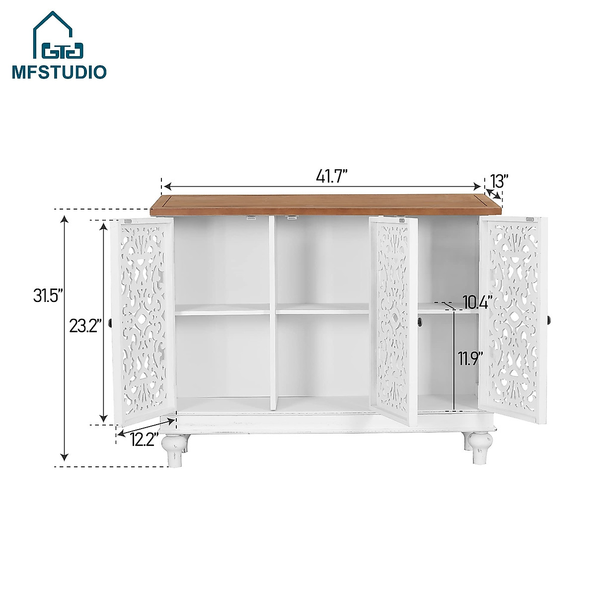 MFSTUDIO Accent Wood Storage Cabinet, Large Farmhouse Hollow-Carved Buffet Sideboard with 3 Doors Decorative Storage Cabinets for Living Room Kitchen Entryway Hallway, White