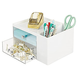 mDesign Plastic Home, Office Storage Caddy Box for Desk, Countertop, Cubicle - 2 Drawers, 2 Side Compartments, Top Shelf - Organizer Holds Pens, Erasers, Sticky Notes, Binder Clips - White/Clear