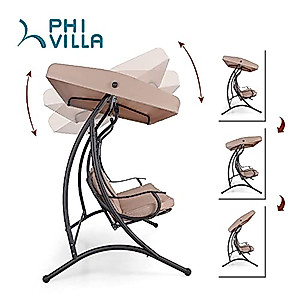 PHI VILLA 3-Seat Porch Swing with Canopy,Outdoor Swing with Removable Cushion,Patio Swing Chair/Bench for Porch, Garden, Poolside, Balcony, Backyard,Alloy Steel Frame,Brown
