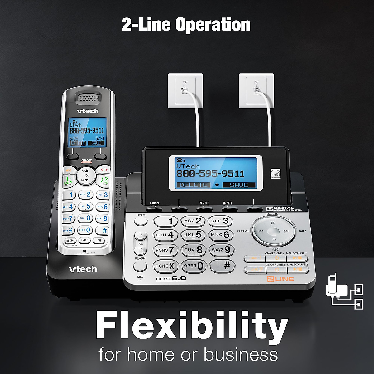 VTech DS6151-2 2 Handset 2-Line Cordless Phone System for Home or Small Business with Digital Answering System & Mailbox on each line, Silver