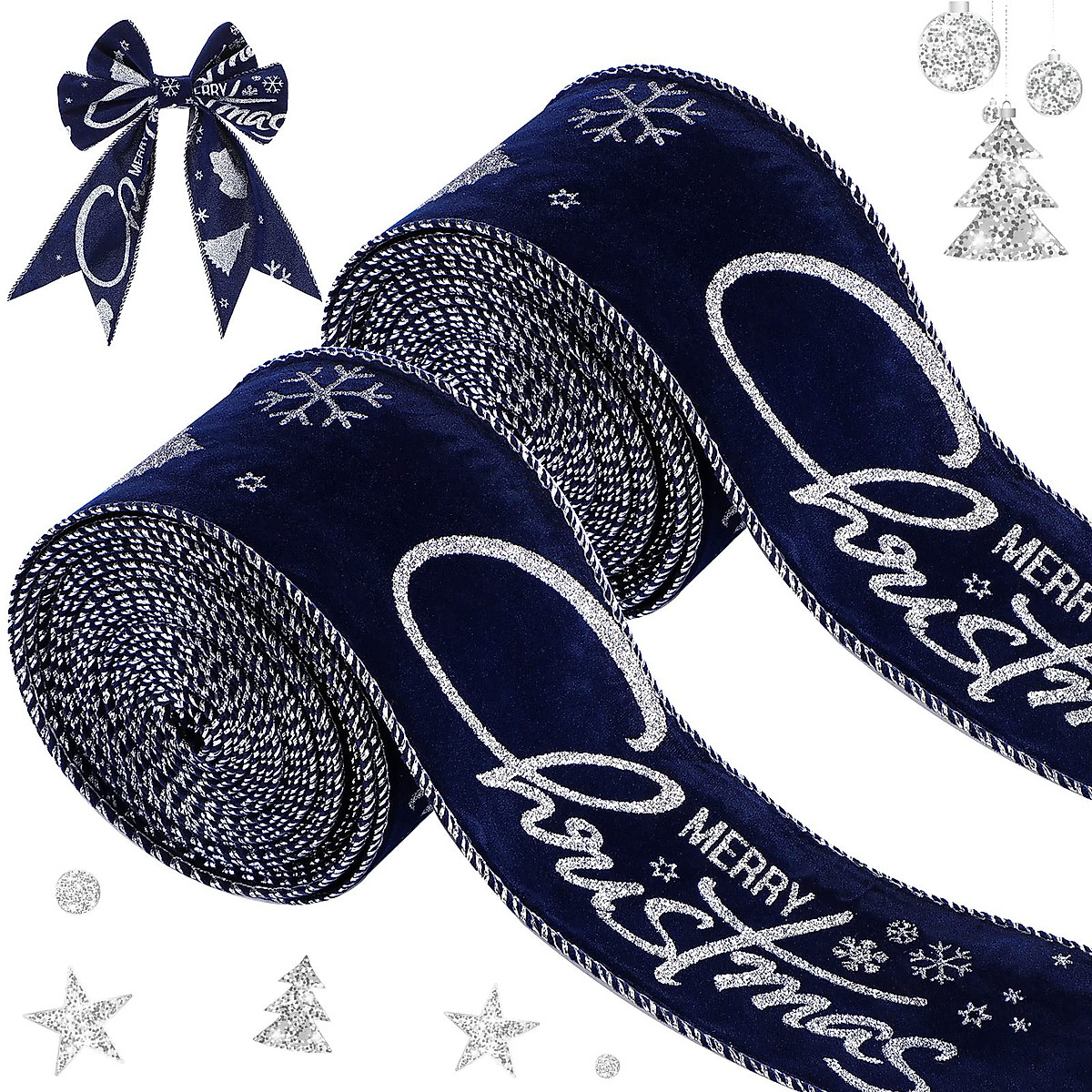 2 Rolls Christmas Wired Ribbon - Red, Green, Navy Blue, Merry Golden Silver for Gift Wrapping - Velvet Fabric for Xmas Home Decoration DIY Crafts, 2.5 Inch (Navy Blue, 10 Yards)