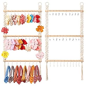 Dahey Hair Bows Organizer for Girls, Headband Holder with 30 Hooks Wall Hanging Hair Accessories Organizer Storage Over Door Boho Decor for Baby Girls Room, 29.5"x15"