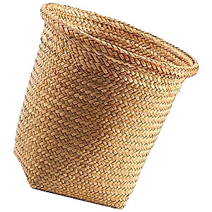 Ipetboom Office Decor Woven Rattan Trash Can Hand Woven Basket Planter Flower Pots Storage Container Farmhouse Round Trash Can Rattan Garbage Bin Wicker Laundry Basket Rustic Decor Desktop