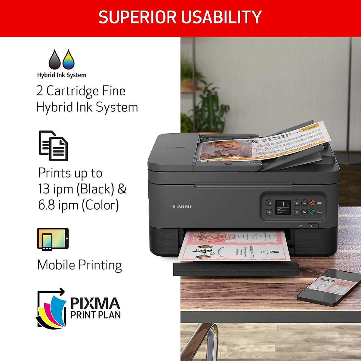 Canon PIXMA TR7020a All-in-One Wireless Color Inkjet Printer, with Duplex Printing, Mobile Printing, and Auto Document Feeder, Black