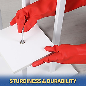 BOOMJOY Cleaning Gloves for Dish Washing, Dish Gloves, Reusable Kitchen Gloves Heavy Duty, Bathroom, Restroom, Red, 3 Pairs, Size-L