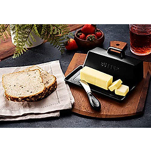 Ceramic Butter Dish Set with Lid and Knife - [Black]- Decorative Butter Stick Holder with Handle for 1 Stick of Butter - Microwave Safe, Dishwasher Safe - Anti-Scratch Stickers Included.